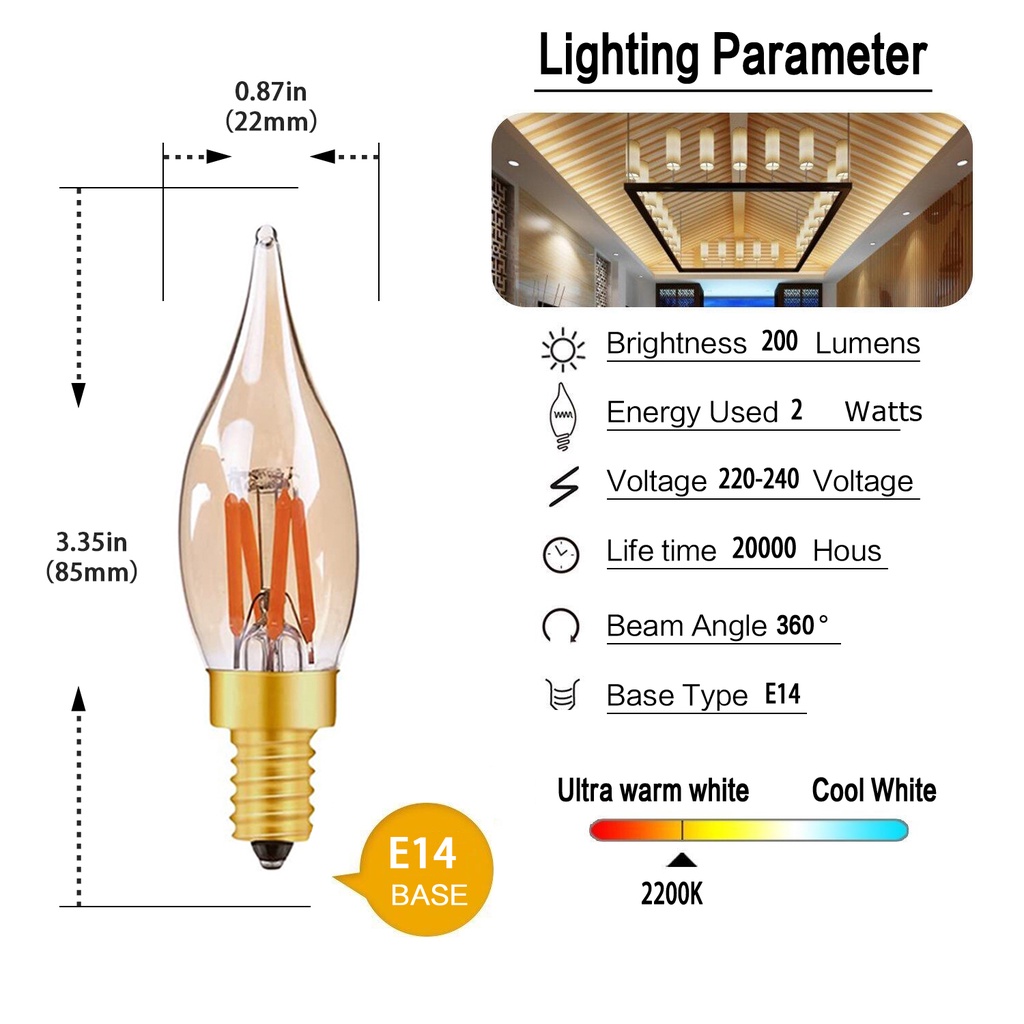 Vitange หลอดไฟ LED Edison E12 E14 E27 1W 2W 3W 4W 6W 8W C7 T22 C35 A19 G40 G80 ST45 ST64 หรี่แสง ...