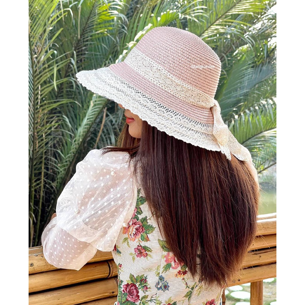 หมวกสานปีกกว้าง ทรงกลมแต่งขอบลูกไม้ สินค้าพร้อมส่ง C073 | Shopee Thailand