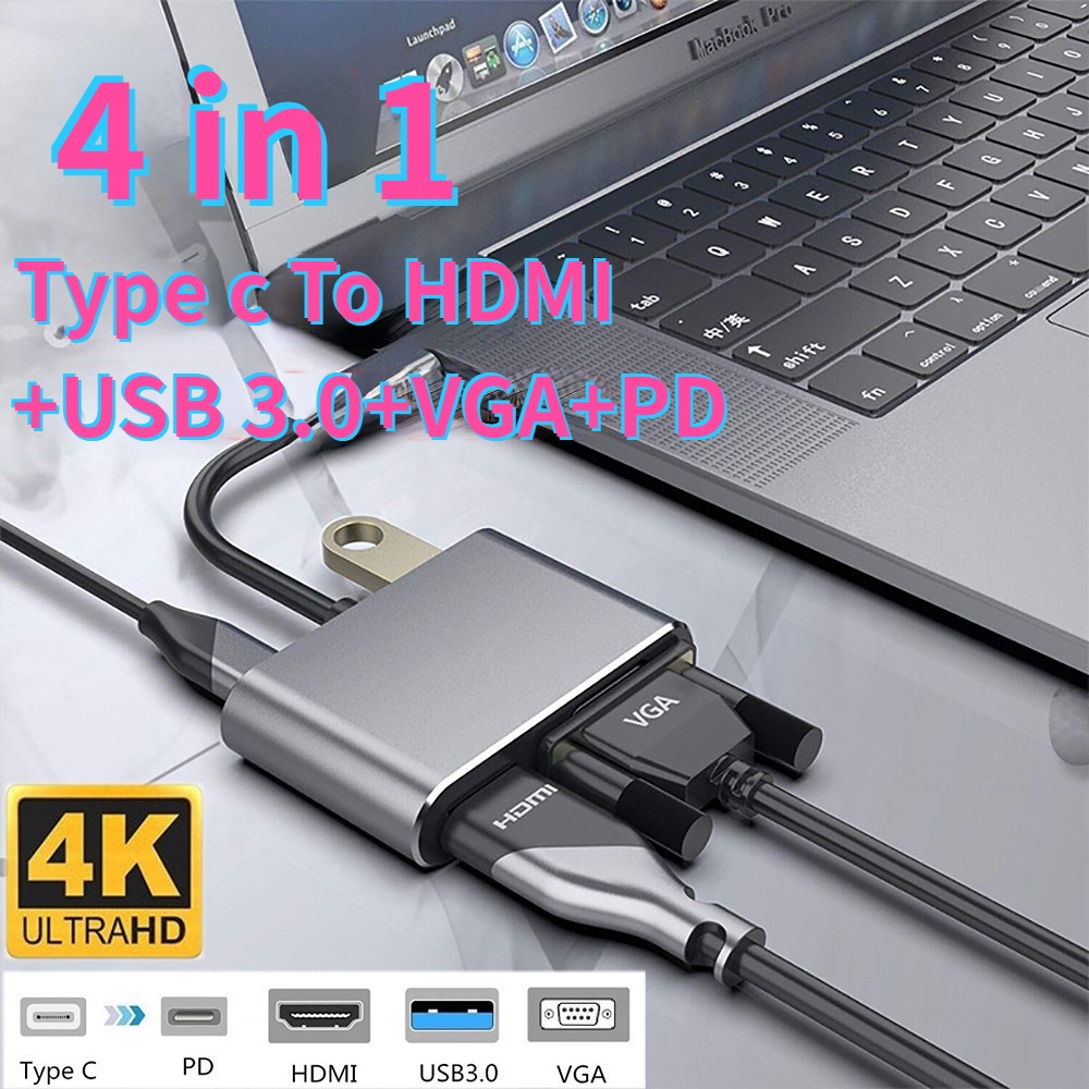 4in1 สายType C to HDMI+ VGA USB3.1type-c video cable, USB3.1 Type-c To ...
