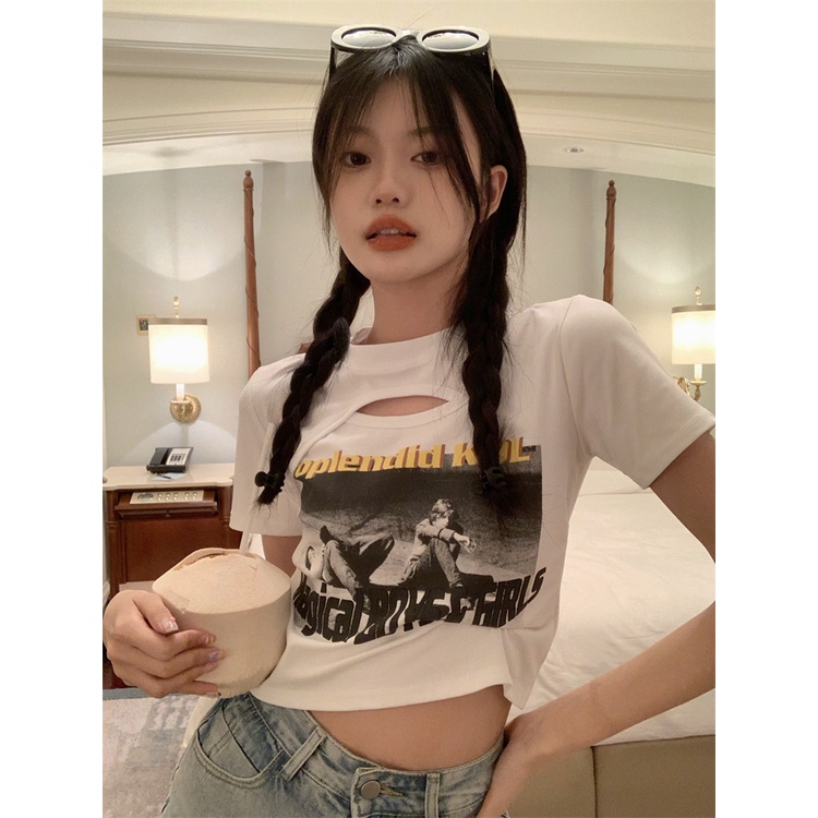 【WANG JIAO ZHAN】 เสื้อยืดแขนสั้น รุ่นกลวง สไตล์อเมริกันเรโทร เสื้อยืด ...