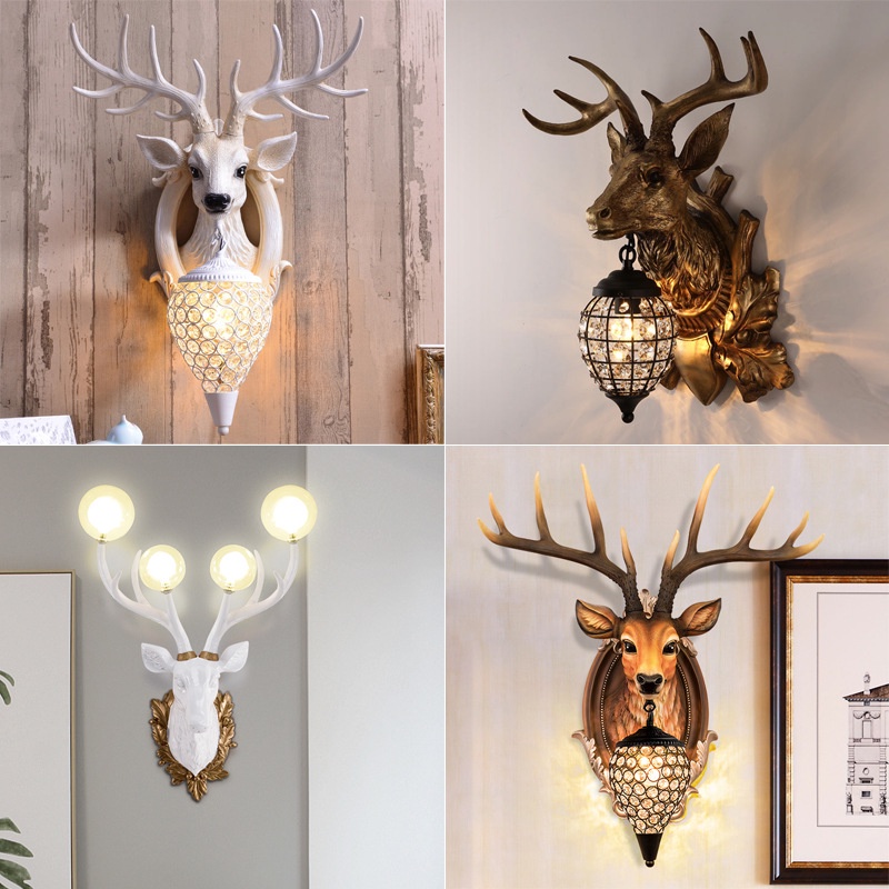 โคมไฟติดผนัง รูปกวางนําโชค สไตล์อเมริกันเรโทร สําหรับตกแต่งห้องนอน ห้อง ...