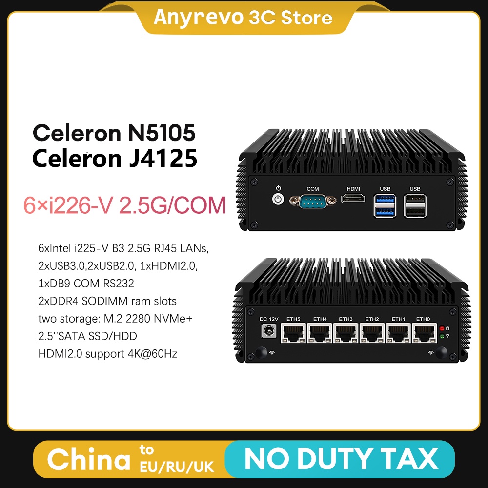 6x Intel i225 2.5G pfSense ไฟร ์ วอลล ์ Router Celeron J4125 Quad Core ...