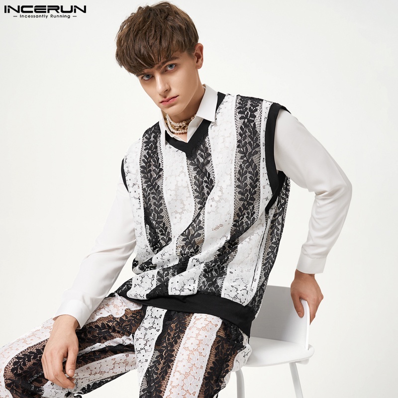 Incerun เสื้อเชิ้ตแขนยาว เย็บปะติดปะต่อกัน ลายลูกไม้ สีดํา และสีขาว และ ...