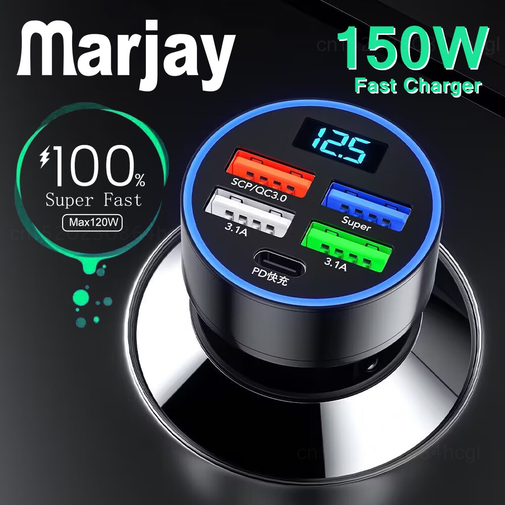Marjay ที่ชาร์จในรถยนต์ 150W 5 พอร์ต 4USB ชาร์จเร็ว PD QC3.0 Android ...