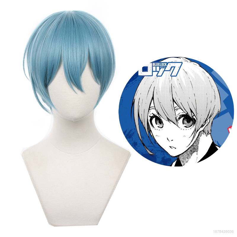 Sam BLUE LOCK Hiori Yo Cosplay Wig Water Blue Short Hair Halloween ...
