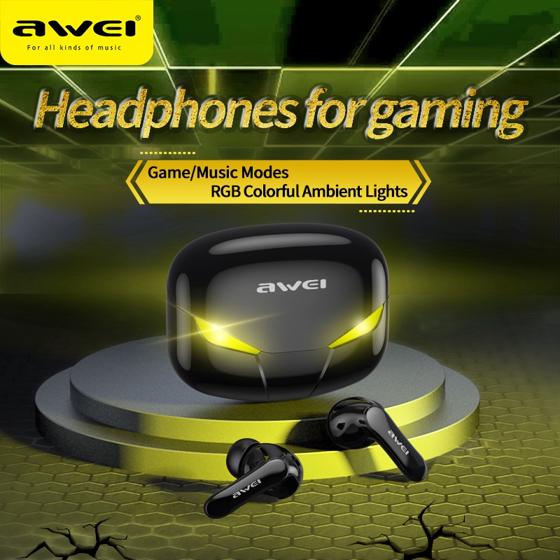 Awei T35 TWS หูฟังเกมมิ่งไร้สายบลูทูธ 5.3 พร้อมไฟ RGB AAC HiFi IPX5 กัน ...