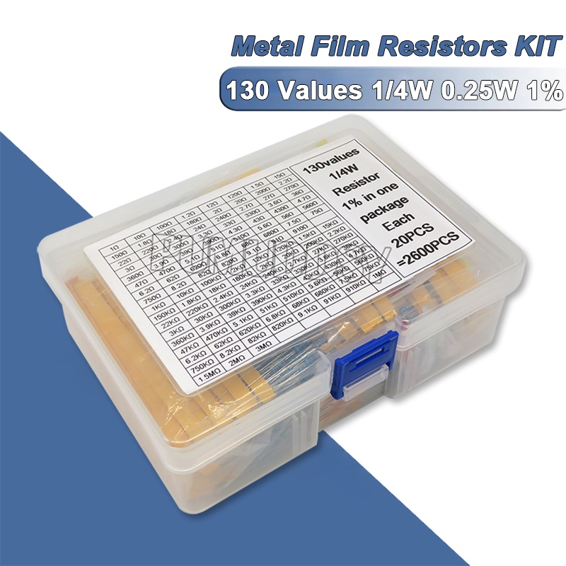 130 Values 1/4W 2600PCS 0.25W 1% Metal Film Resistors Assorted Pack Kit ...