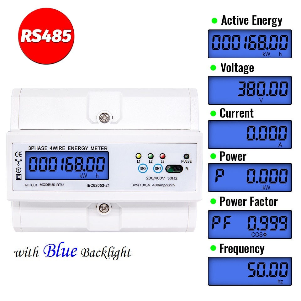 RS485 Din Rail ไฟฟ้า3เฟส Energy Meter KWh แรงดันไฟฟ้า Wattmeter Monitor ...