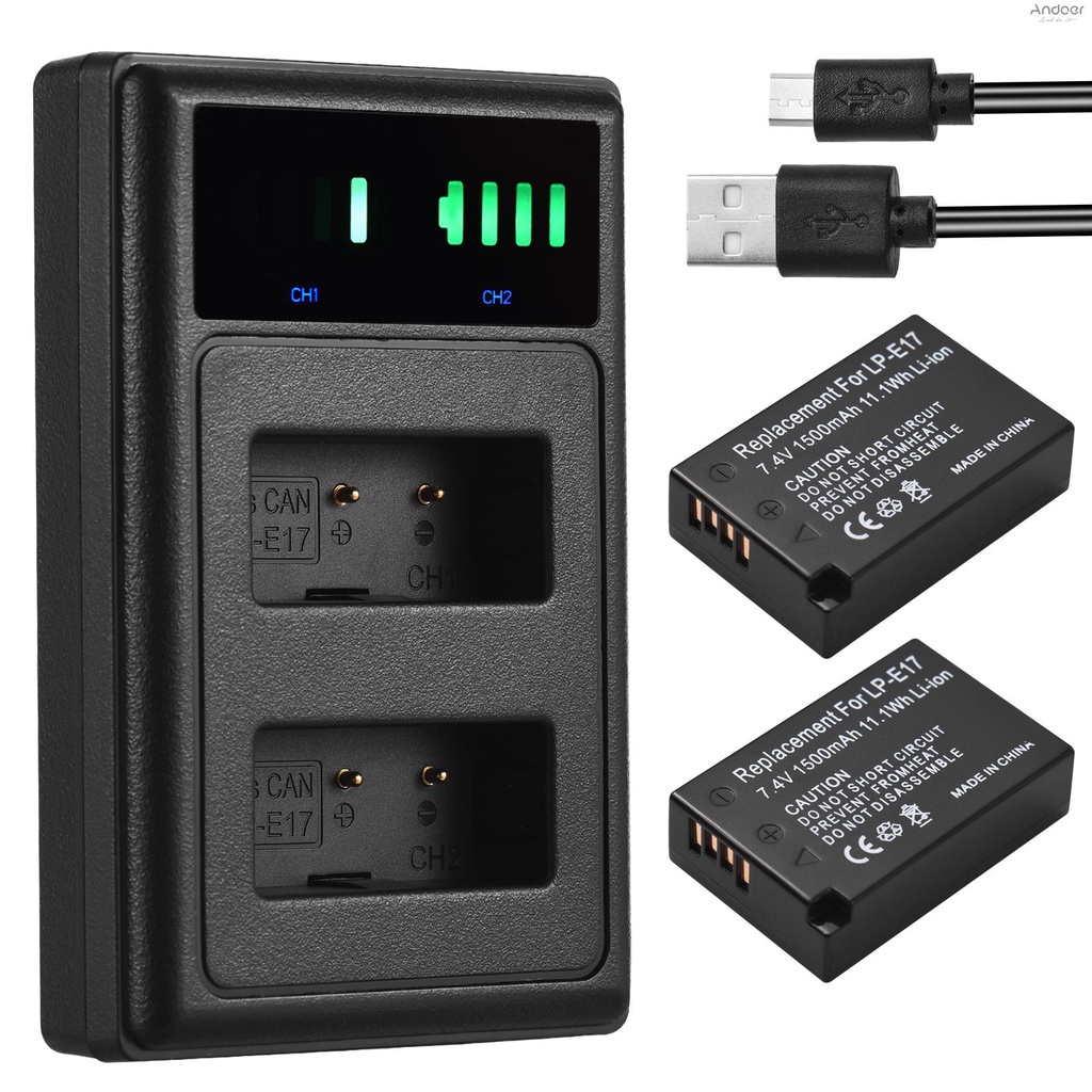 LP-E17 Battery Charger with LED Indicators + 2pcs LP-E17 Batteries 7.4V ...
