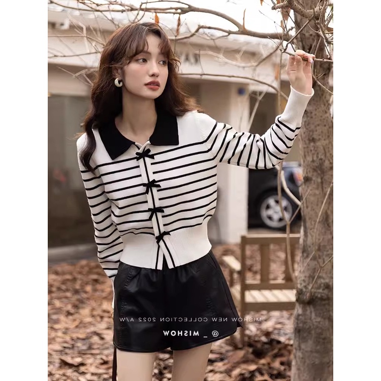 Lagogo Lago Lagogo เสื้อโปโล คอปก ผ้าถัก ลายทาง ประดับโบว์ สีตัดกัน ...