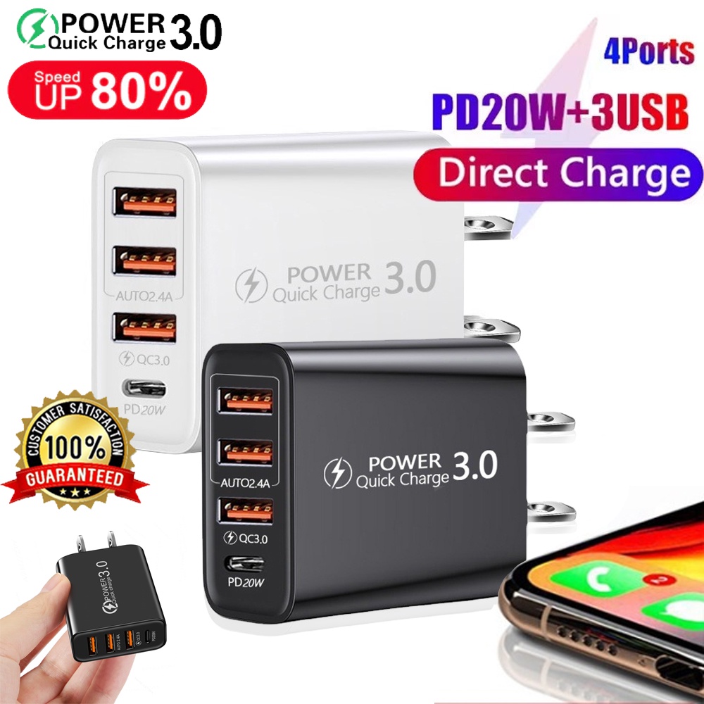5V/2A us ปลั๊ก4พอร์ต USB QC 3.0 PD USB Type C Fast charger/ อะแดปเตอร์ชาร์จ/ ปลั๊กชาร์จติดผนัง4 ...