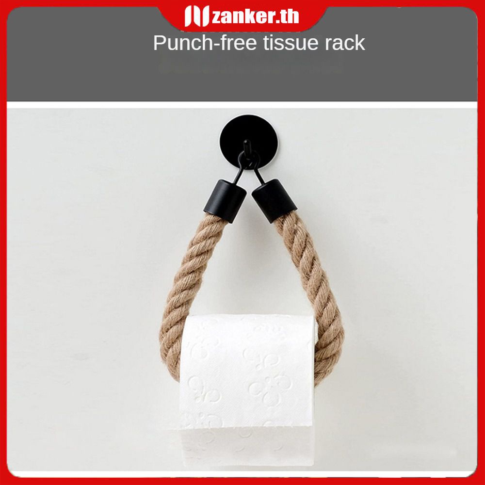 【ในการจัดส่ง】ผู้ถือกระดาษม้วนห้องน้ำ Retro Hemp Rope Punchless Wall ...