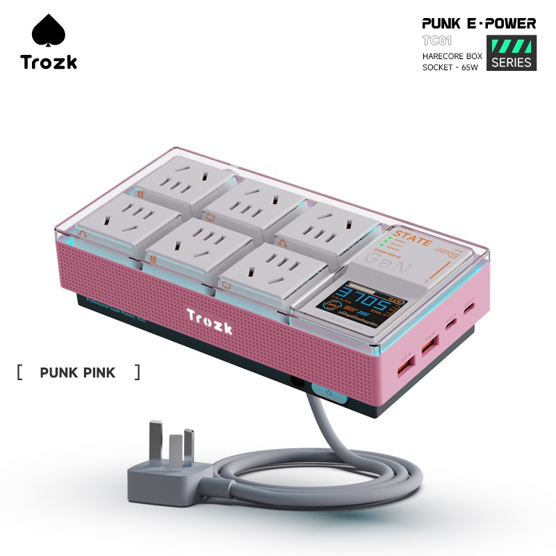 Trozk รางปลั๊กไฟเล่นเกม 65W GaN พร้อมไฟ RGB 6 ช่อง AC 2 พอร์ต USB และ 2 ...