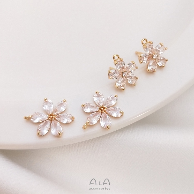 จี้ดอกไม้ซิรคอนเคลือบทอง 14K ดอกไม้เล็กพร้อมต่างหูเข็มเงิน S925 อุปกรณ์เครื่องประดับทำมือ DIY ...