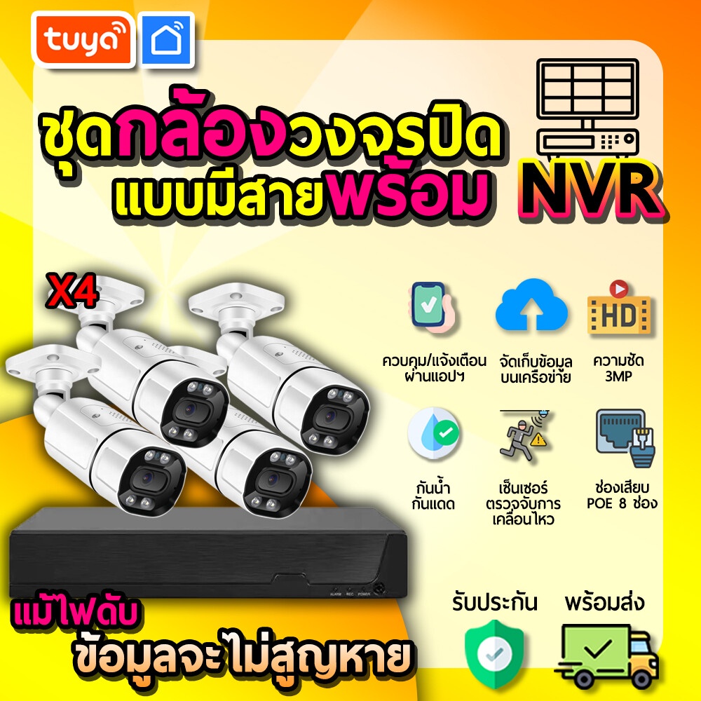 tuya ชุดกล้องวงจรปิดแบบมีสาย 4 ตัว พร้อม NVR สีดำ CMRK-PA04 | Shopee ...