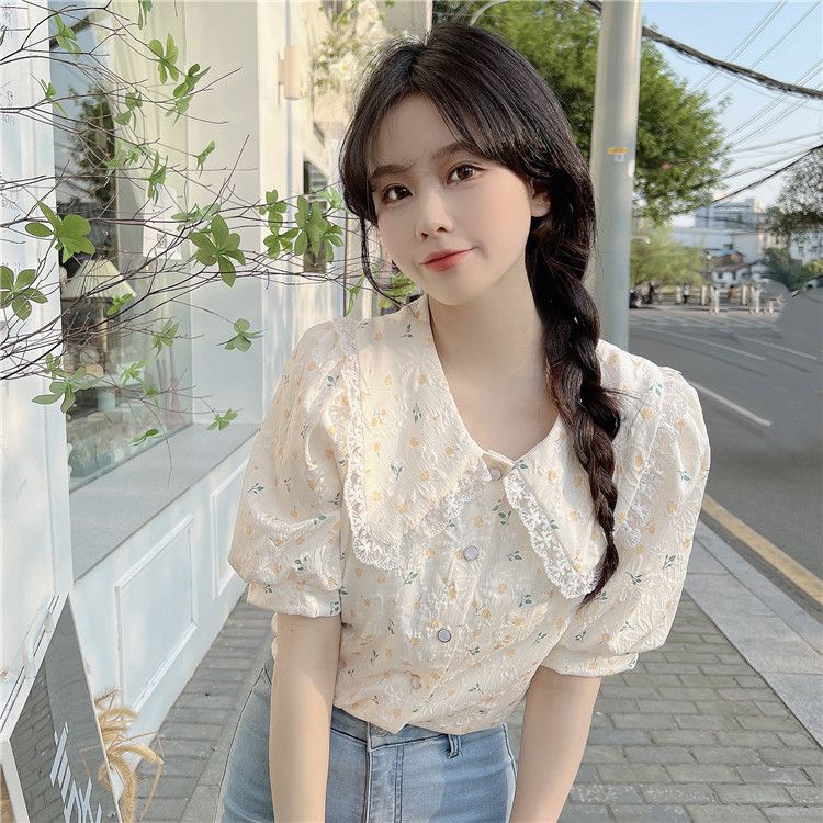 Floral Puff Short Sleeve Top Design Sense Niche French Sweet Doll ... Floral Puff Short Sleeve Top Design Sense Niche French Sweet Doll ...
