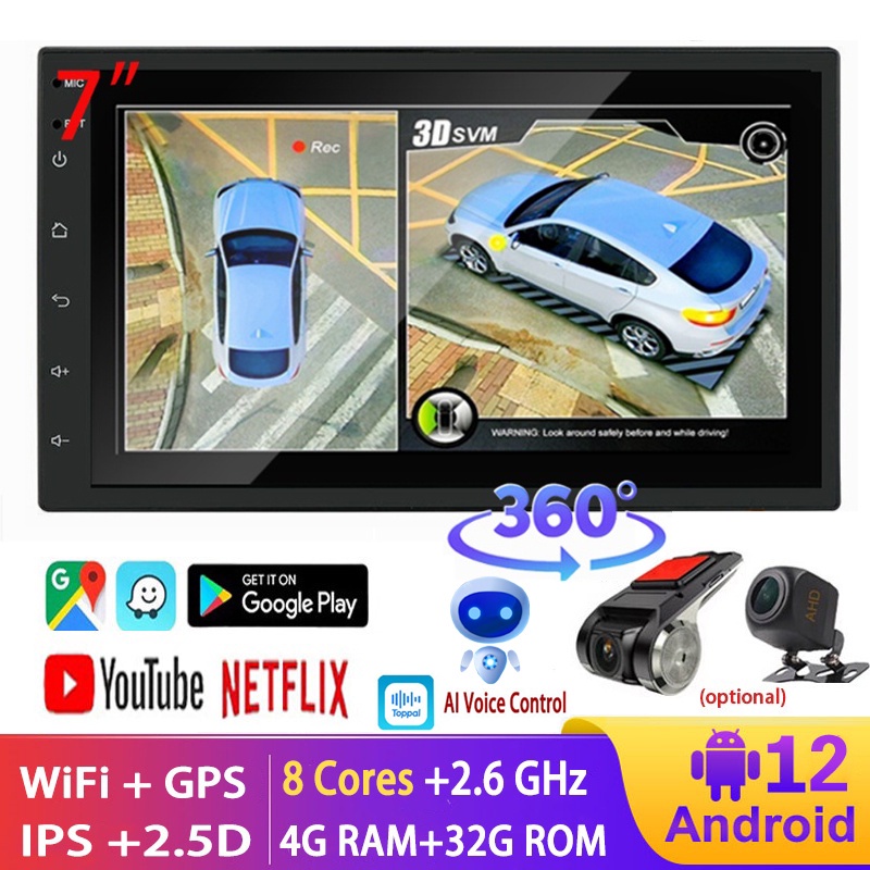 [4G+32G 8core-2.6ghz] เครื่องเล่น Din Android 12 Radio Kereta GPS 360 กล้องพาโนรามา 7 นิ้ว ...