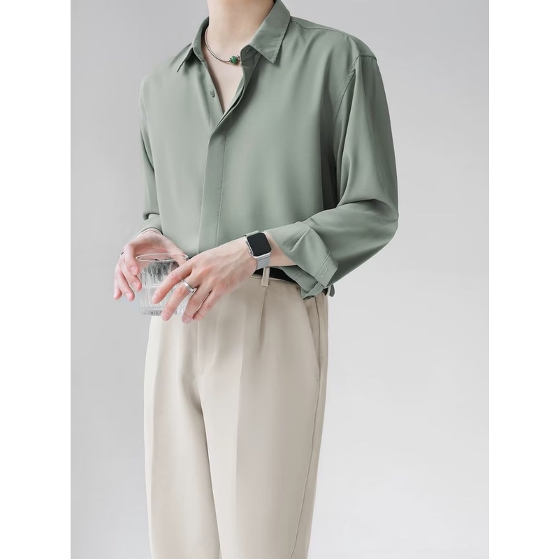 ☆Cpeic☆เสื้อเชิ้ตแขนยาวลําลอง ทรงหลวม สีพื้น สีเขียวถั่ว เหมาะกับสี่ฤดู ...