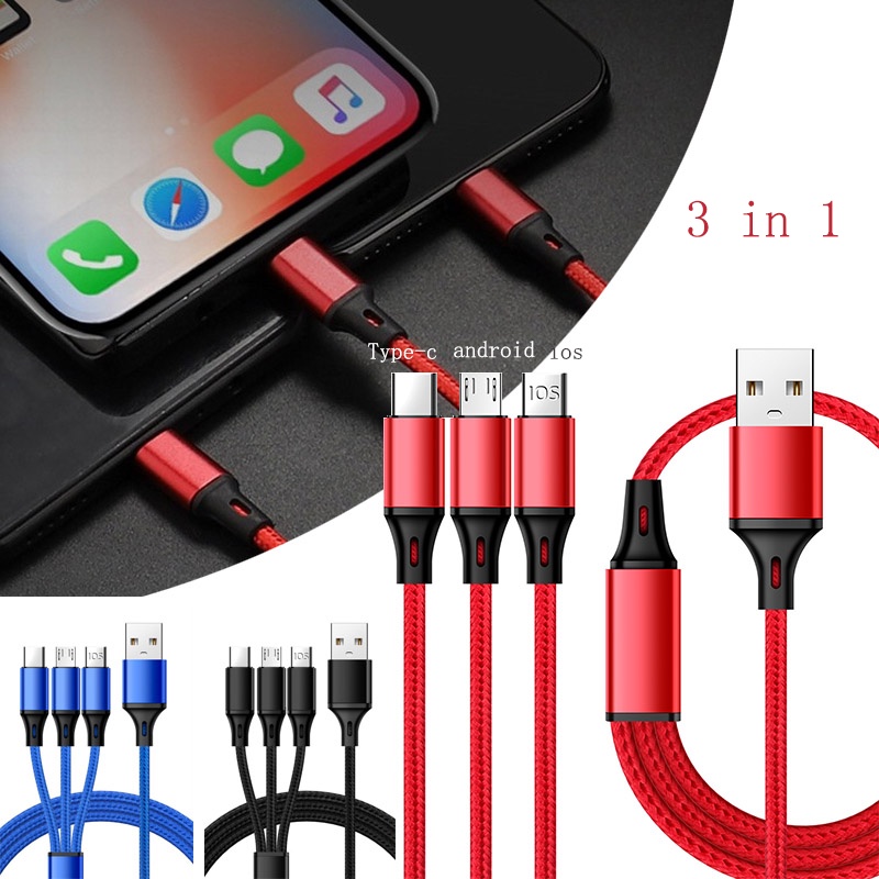 Ready 3 in 1 Charge Cable For iPhone Micro USB Type C Mobile Phone Fast ...