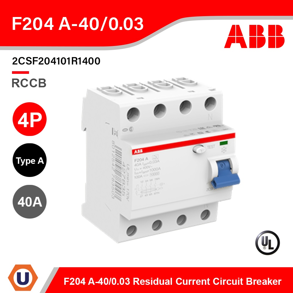 ABB F204 A-40/0.03 Residual Current Circuit Breaker (RCCB) 4P, TypeA, 30mA, 40A รุ่น F200 l ...