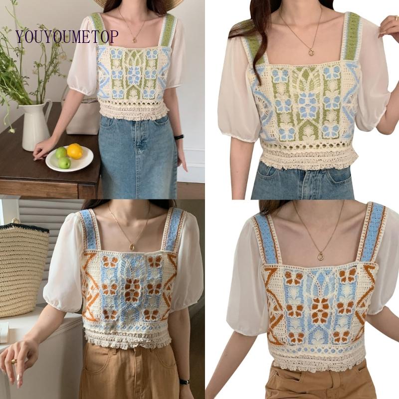 Youyo เสื้อครอปท็อป แขนพัฟ คอสี่เหลี่ยม ผ้าชีฟองถักโครเชต์ ลายดอกไม้ ...