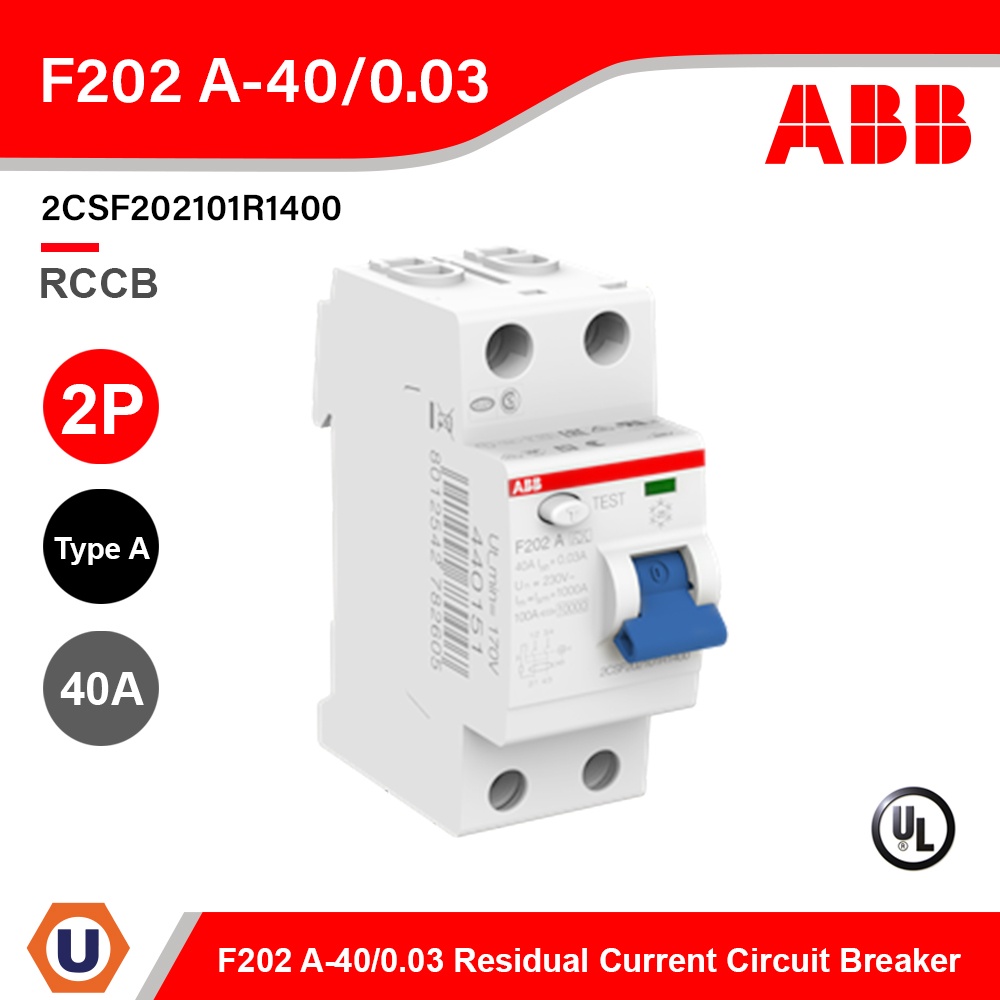 ABB F202 A-40/0.03 Residual Current Circuit Breaker (RCCB) 2P, TypeA, 30mA, 40A รุ่น F200 l ...