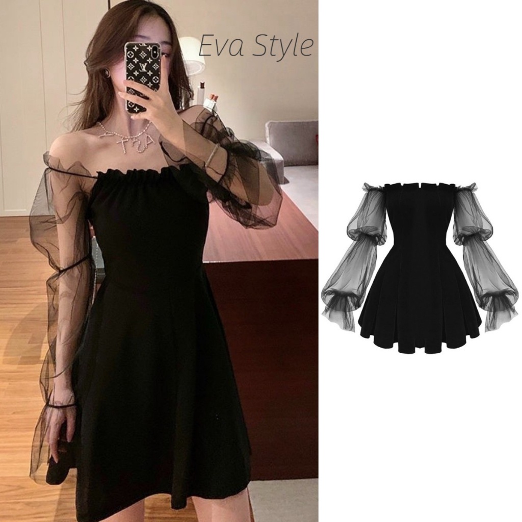 Eva Style🍒พร้อมส่ง COD เอวเซ็กซี่เอวบางชุดไหล่เดียว เชุดเดรสสีดำแขนยาว ชุดเดรสแขนพัฟสีดำ ปิดไหล่ ...