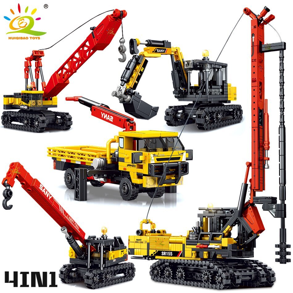 HUIQIBAO 884PCS 4in1 Engineering Piling Machine Building Block Crane ...