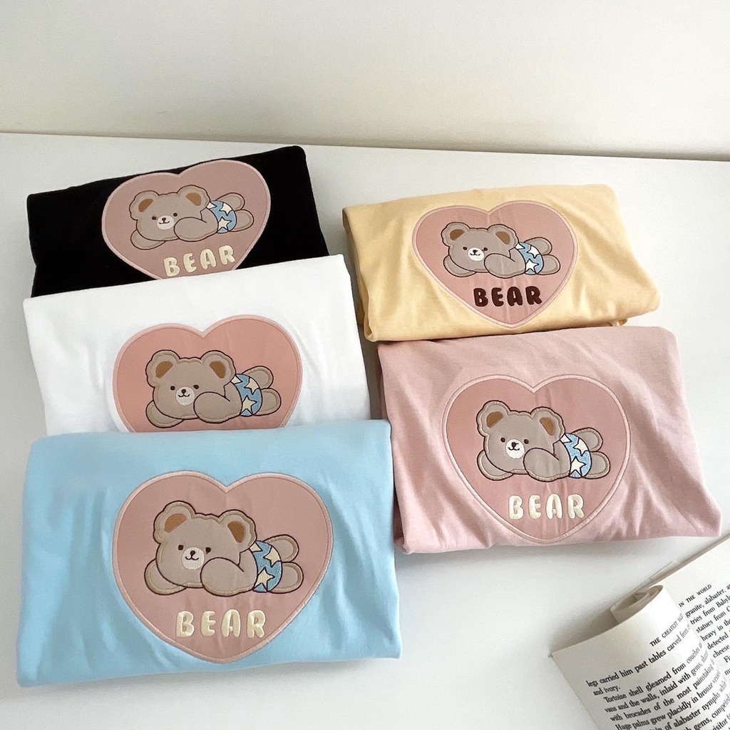 เสื้อยืด oversize S264 ผ้าคอตตอน สไตล์มินิมอล ปัก หมีนอน | Shopee Thailand