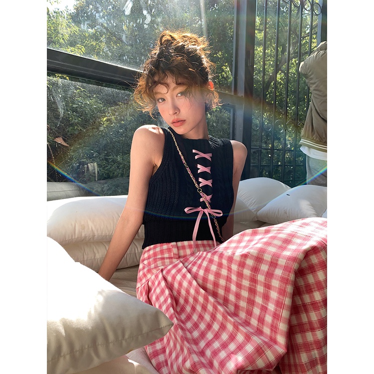 MA เสื้อกั๊กแขนกุด ผ้าถัก แบบผูกเชือก สีดํา เหมาะกับฤดูใบไม้ผลิ และฤดู ...