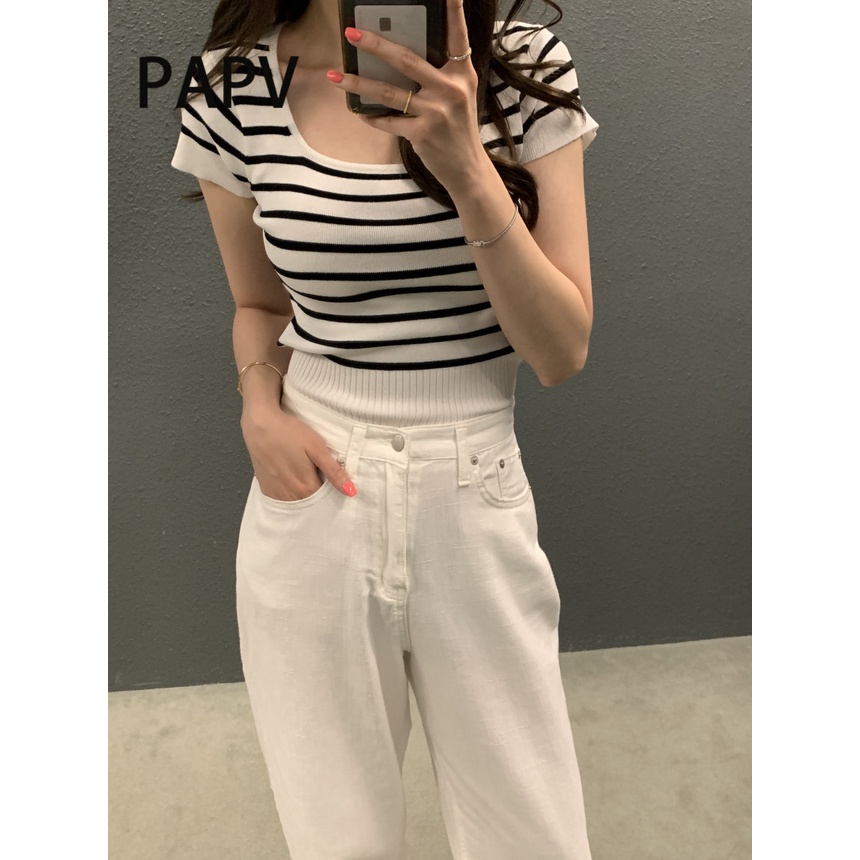 Papv เสื้อเชิ้ตแขนสั้น คอสี่เหลี่ยม ผ้าถัก สไตล์เกาหลี แฟชั่นฤดูร้อน ...