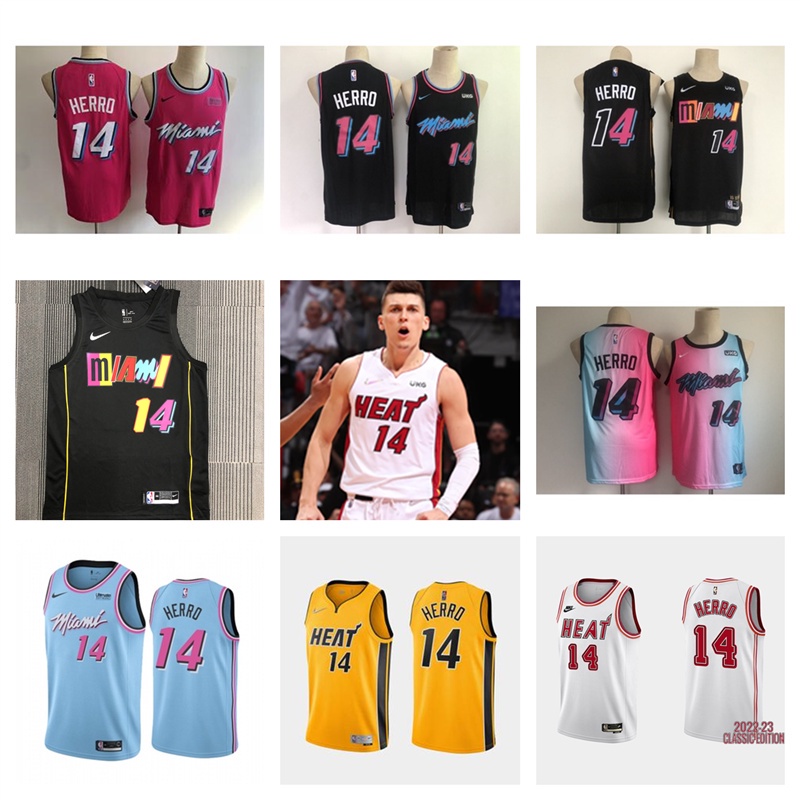 Miami Heat #14 Tyler Herro เสื้อบาสเก็ตบอลสีดำของผู้ชายสั้น -เสื้อยืด ...