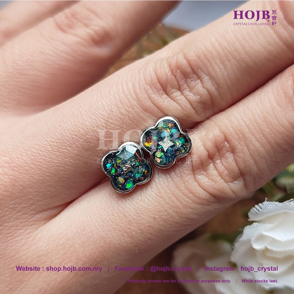 Hojb Canadian Ammolite & Opal & Meteorite Splice Clover S925 ต่างหู 8 มม. 聚宝宝宝&铁(耳)"四叶草"S925银拼图8 ...