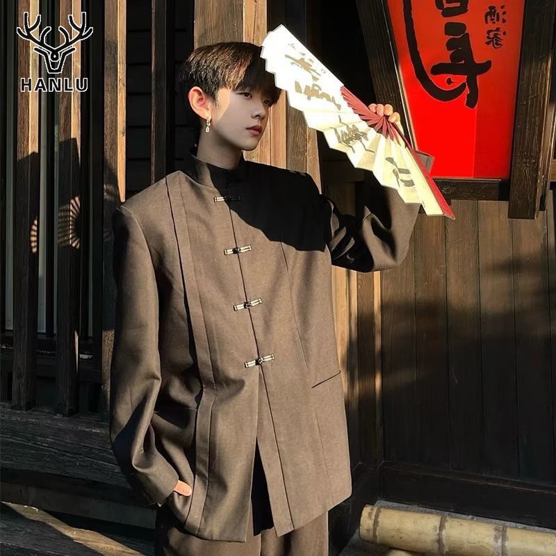 HANLU ลำลองย้อนยุคบางใหม่สไตล์จีนยืนขึ้นปกแจ็คเก็ตผู้ชายใหม่คุณภาพสูงจง ...