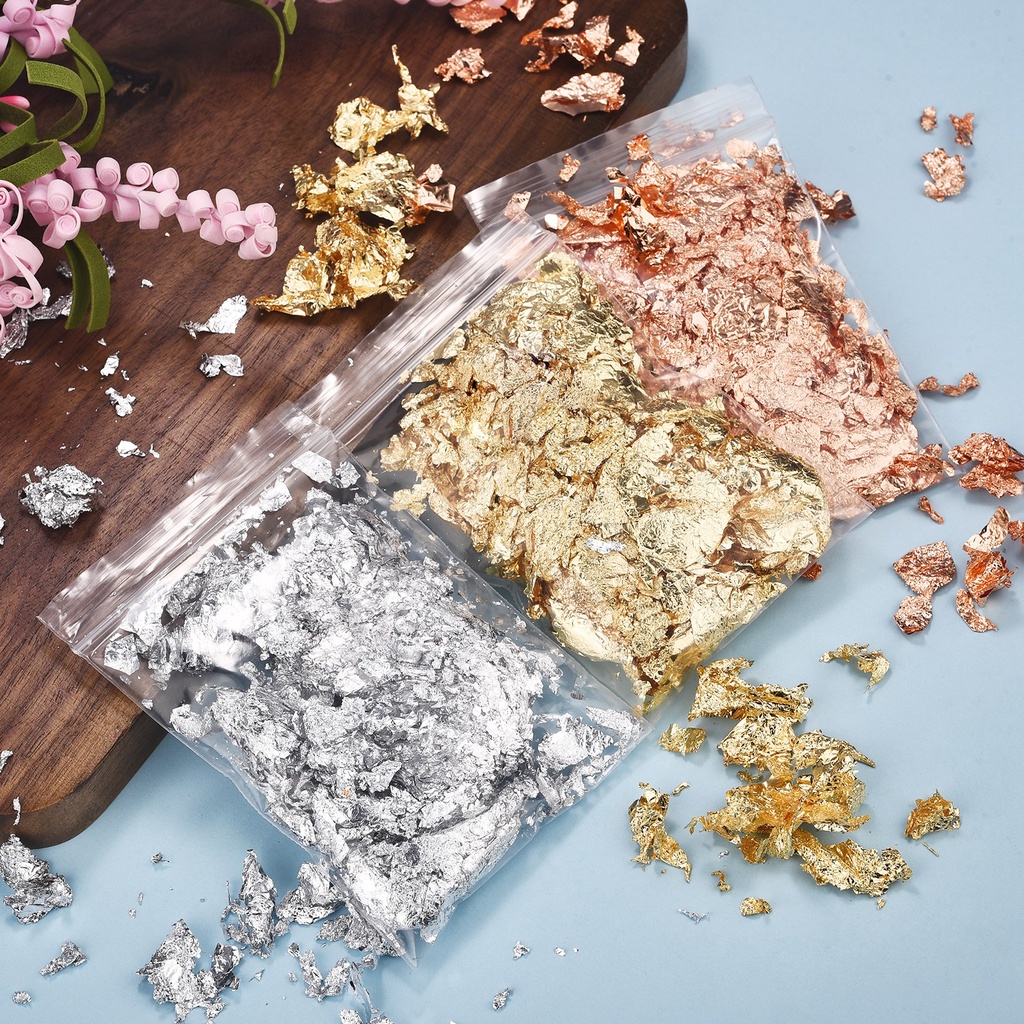 เลียนแบบทองเศษไม้ฟอยล์ทองแดงเลื่อมglitter Craft Leaf Flakeแผ่นเงาฟอยล์กระดาษสําหรับGilding DIY ...