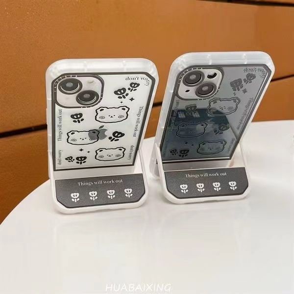 เคสโทรศัพท์มือถือ ซิลิโคนนุ่ม TPU ใส ลายหมีน่ารัก พร้อมที่ตั้งวาง สําหรับ iPhone 15 14 13 12 Pro ...