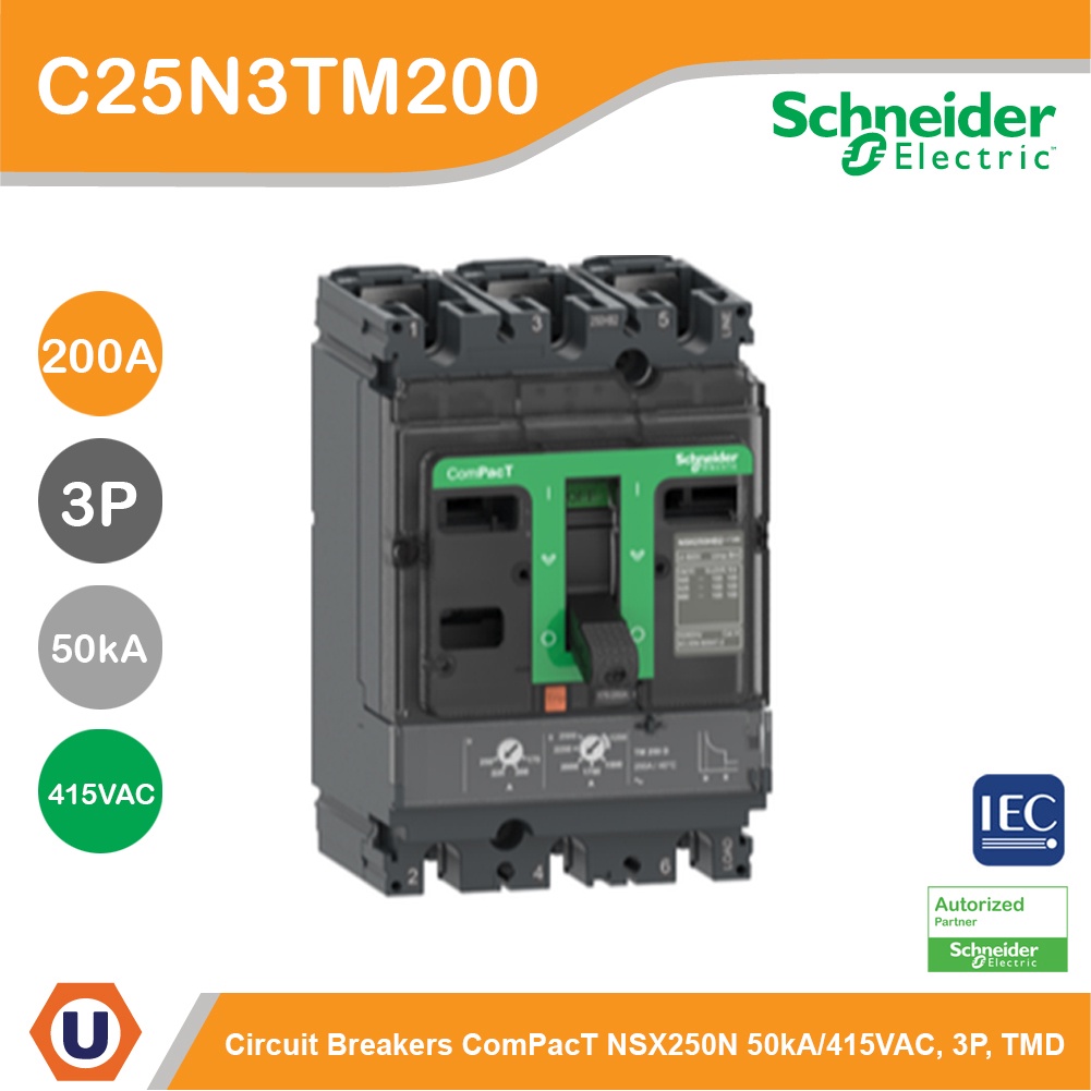 Schneider Circuit breaker, ComPacT NSX250N, 50kA/415VAC, 3 poles, TMD ...