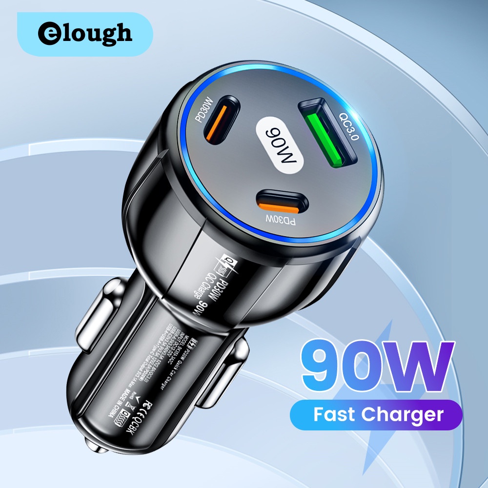 Elough อุปกรณ์ชาร์จโทรศัพท์มือถือ 90W Type C 3 พอร์ต QC PD 3.0 USB-C ชาร์จเร็ว สําหรับรถยนต์ ...