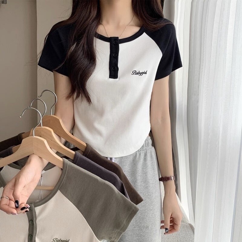 (CF0634) เสื้อแขนสั้น เสื้อไหมพรมแขนสั้น สีทูโทน #58091 | Shopee Thailand