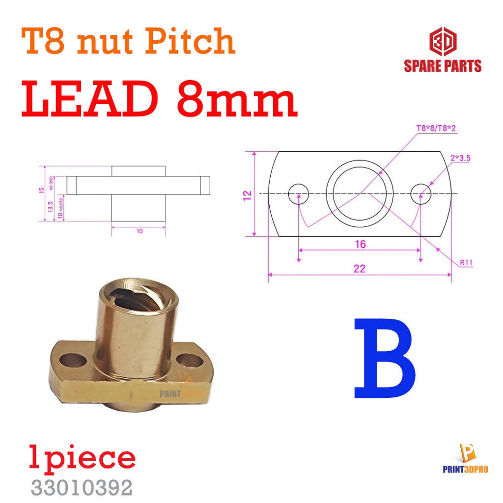 3d printer parts T8 Nut Lead 8mm T-type screw nut Pictch 2mm lead 8mm ...