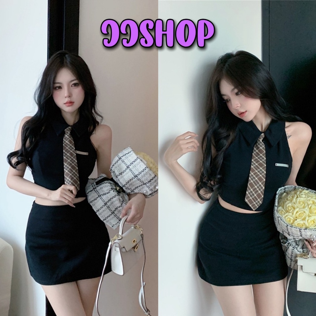 JJ shop 💜พร้อมส่ง ชุดเซ็ต เสื้อกล้ามไหมพรม+กระโปรงไหมพรมสีพื้น แถมเน็กไทให้ "95125+95125-1" -C ...