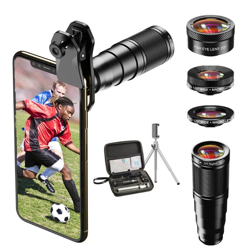 Apexel 4 In 1 เลนส์มือถือ 4 แบบ 22X Telescope, 205 Degree Fisheye, 120 ...