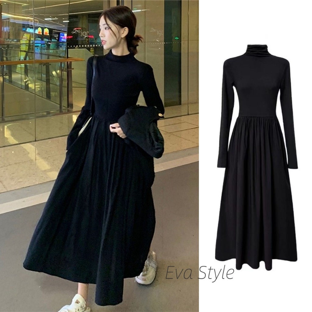 Eva Style🍒พร้อมส่ง COD ใหม่ชุดดำน้อย ทรงสลิมฟิต เดรสยาว ย้อนยุค เดรสแขนยาว คอเต่าครึ่งตัว ชุด ...