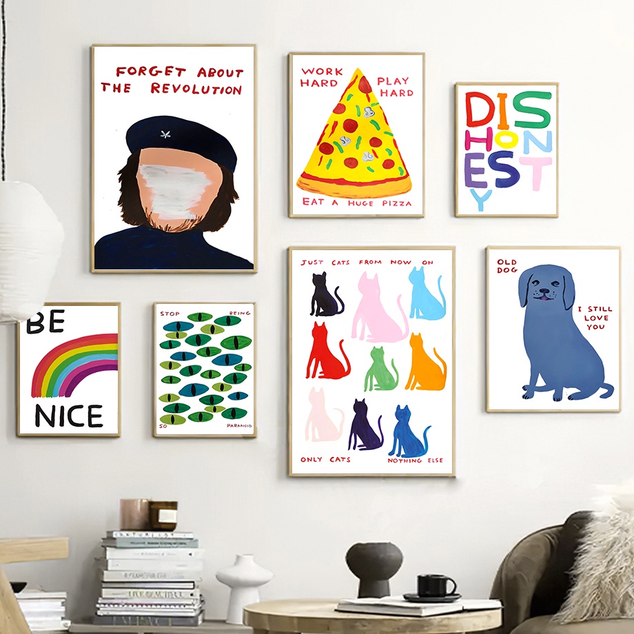 David Shrigley Man Pizza Lamp Dog Cat Rainbow Wall Art Prints ภาพวาด ...