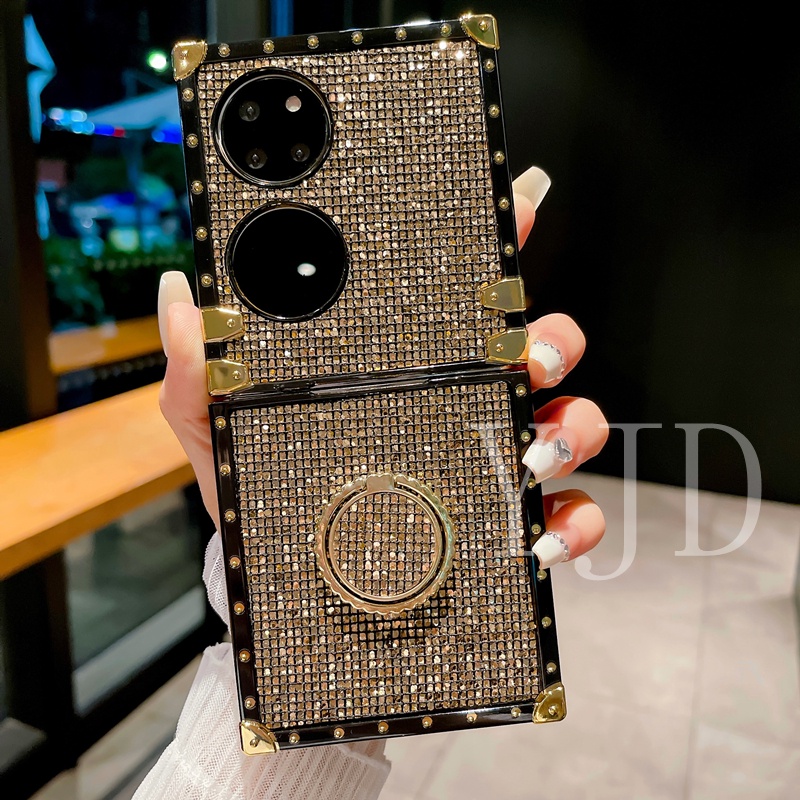 เคสโทรศัพท์มือถือ ทรงสี่เหลี่ยม ประดับเพชร กันกระแทก สําหรับ Huawei P50 Pocket S | Shopee Thailand