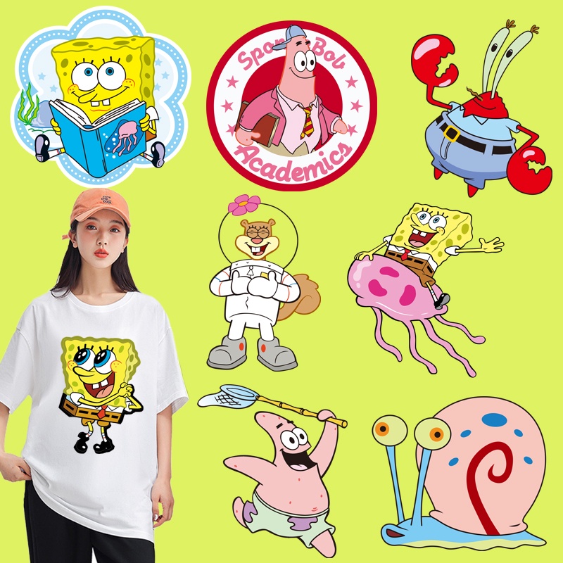 แผ่นแพทช์สติกเกอร์ ลายการ์ตูน Spongebob Iron on Patches DIY สําหรับตก ...