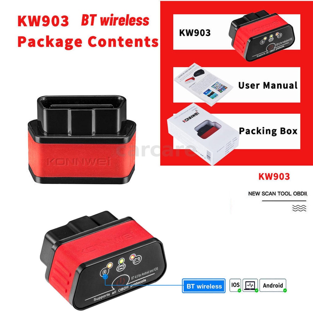 Carcare ELM327 OBD2 เครื่องมือวิเคราะห์รถยนต์ บลูทูธ KW 903 elm 327 สําหรับเครื่องสแกนเนอร์อ่าน ...