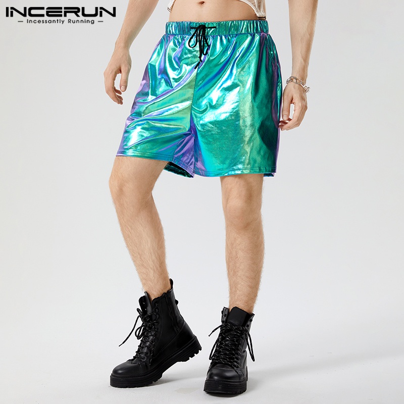 Incerun กางเกงขาสั้น เอวยาง สองสี แวววาว ลําลอง | Shopee Thailand
