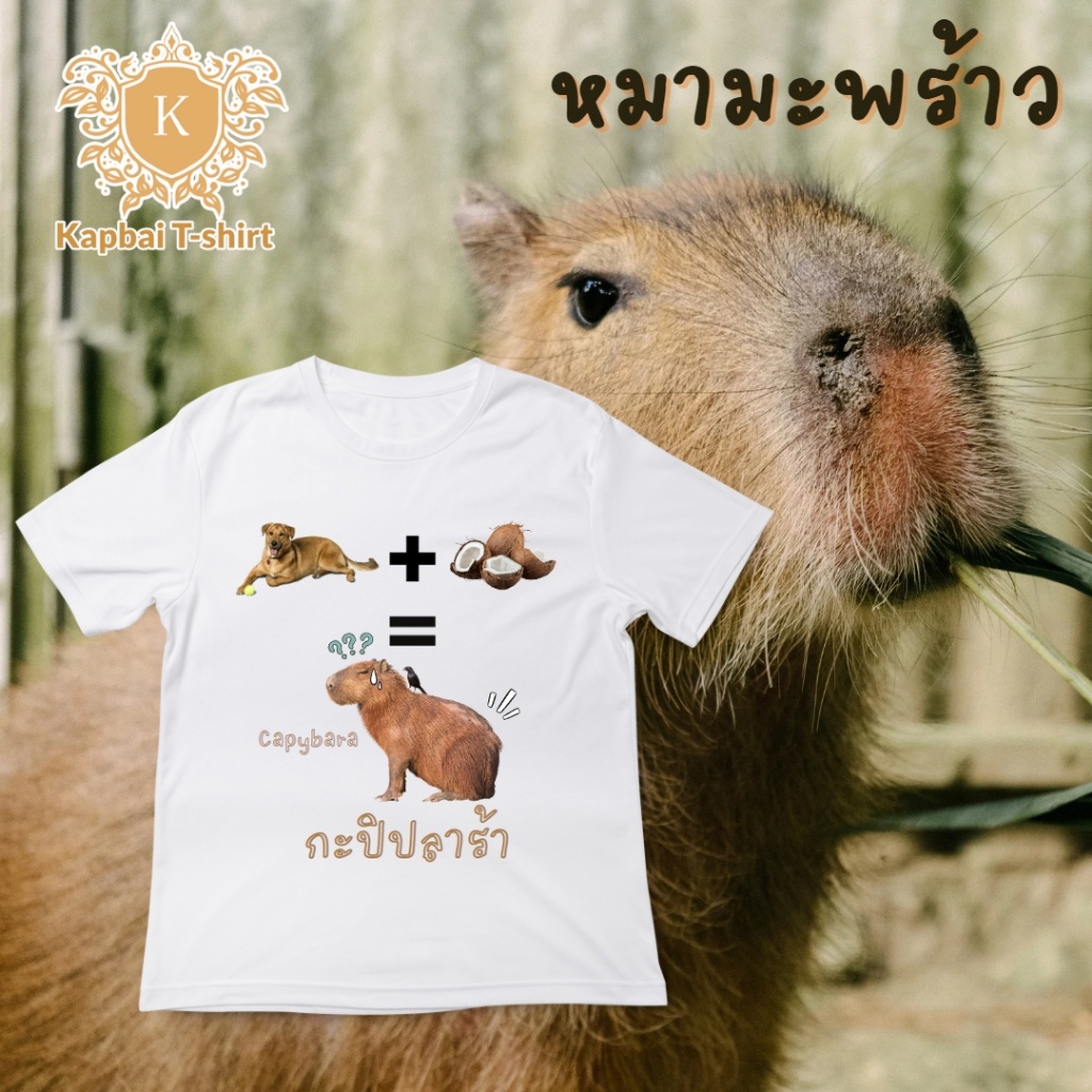 T-Shirt เสื้อยืด เสื้อแขนกุด สีขาว ลาย capybara คาปิบารา หรือหมามะพร้าว เนื้อผ้าCotton100% เบอร์ ...