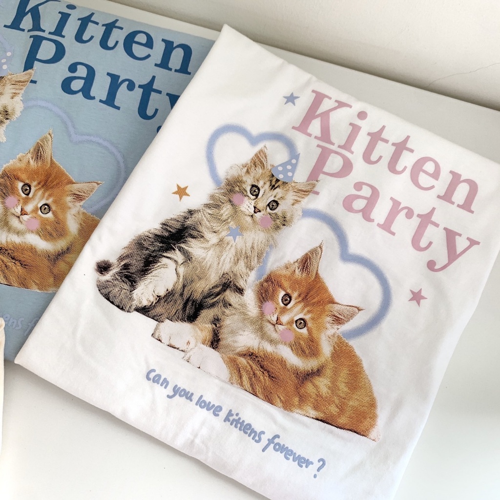 คลาสสิก S239 เสื้อยืด oversize ผ้าคอตตอน สไตล์มินิมอล สกรีน kitten party | Shopee Thailand